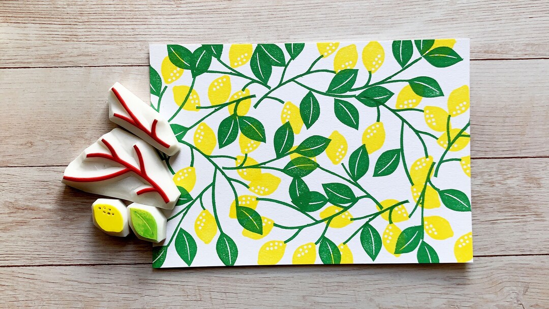 Lemon Tree Rubber Stamp Set | Hand Carved Stamps | Citrus Fruit & Leaf ...