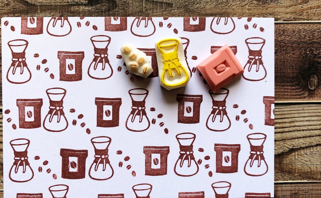 Coffee Rubber Stamp Set | Hand Carved Stamps | Beans, Bean Bag & Drip ...