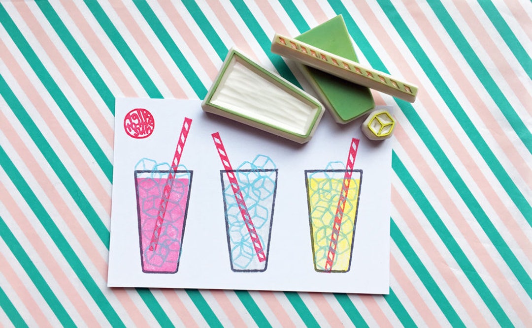 Cold Drink Rubber Stamp Set | Hand Carved Stamps | Ice Cube Straw ...