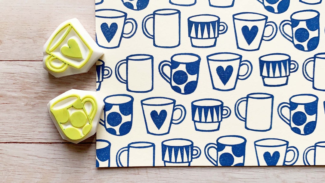 Mug Cup Rubber Stamp Set, Coffee Cup Stamps, Hand Carved Stamps, Craft ...