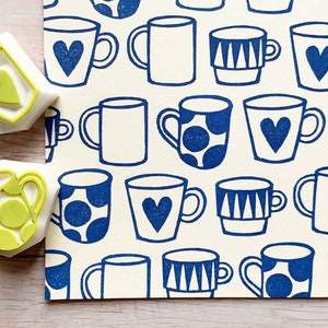 Mug Cup Rubber Stamp Set, Coffee Cup Stamps, Hand Carved Stamps, Craft ...