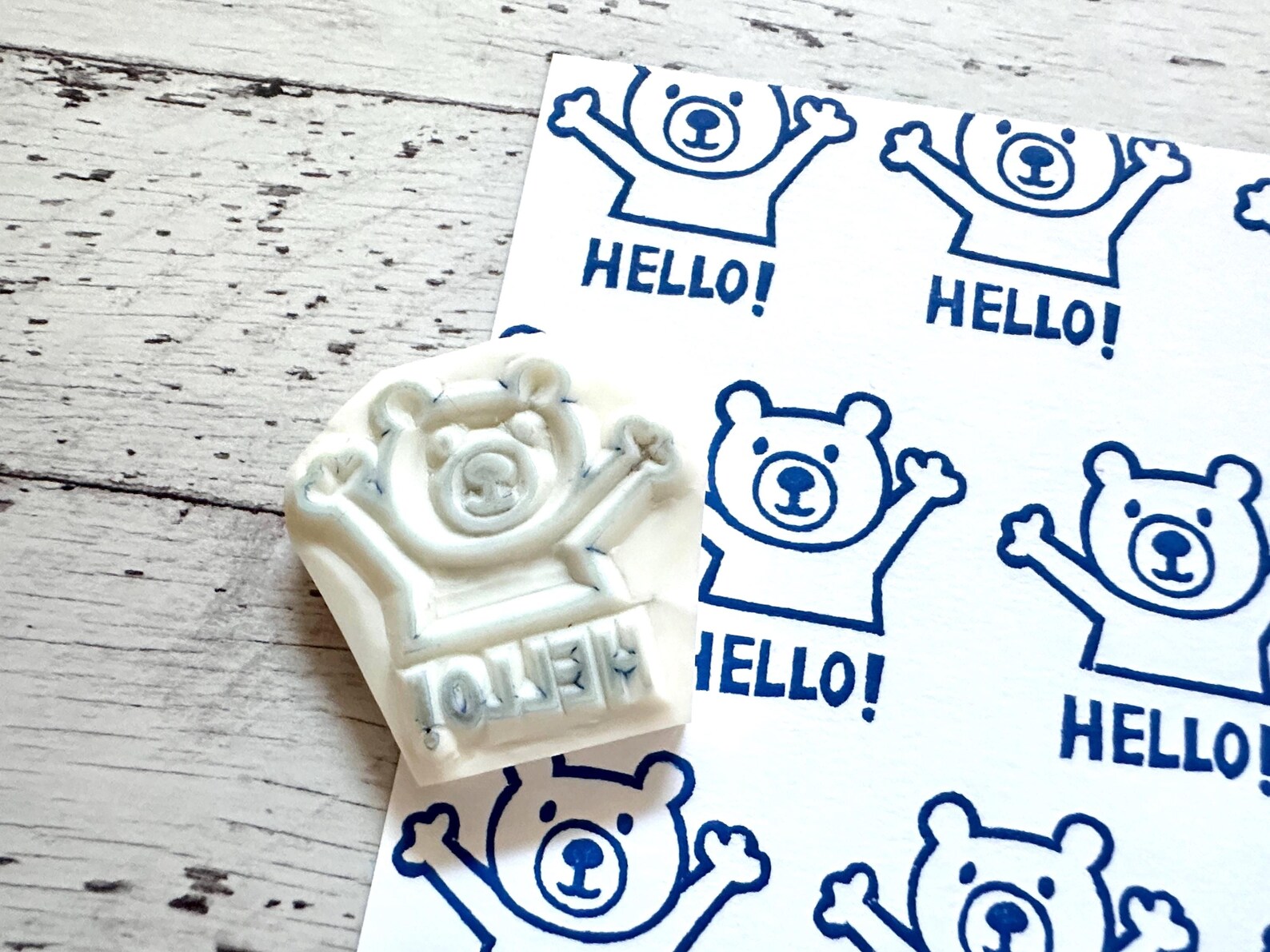 Teddy Bear Says Hello Rubber Stamp | Hand Carved Stamp | Journaling ...