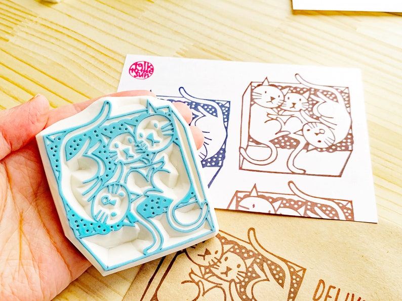 Cat Family Rubber Stamp: Hand Carved Stamp - Whimsical Animal Design - Etsy