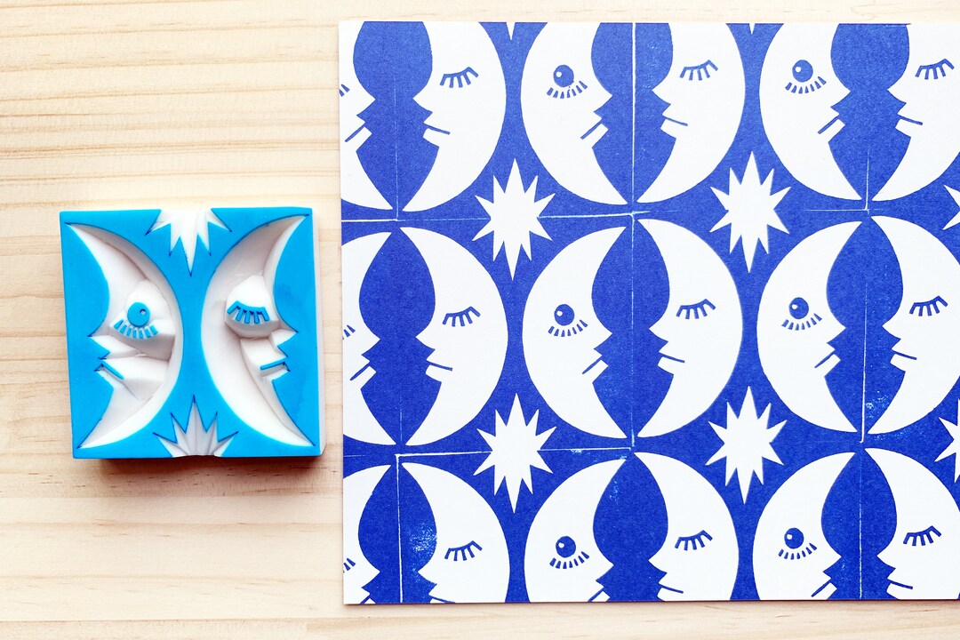 Crescent Moon Tile Rubber Stamp, Twin Moon & Star Stamp, Hand Carved ...