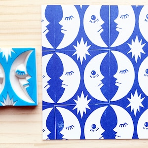 Crescent Moon Tile Rubber Stamp, Twin Moon & Star Stamp, Hand Carved ...