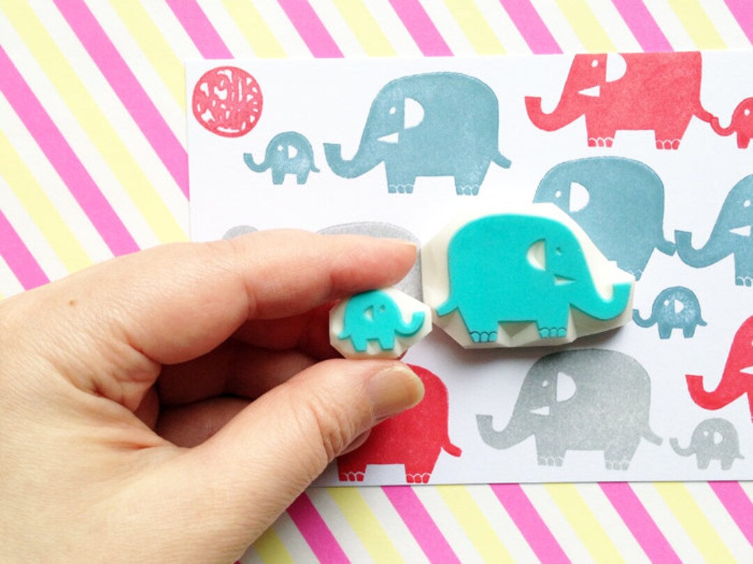 Mama Elephant & Baby Elephant Rubber Stamp Set Hand Carved - Etsy