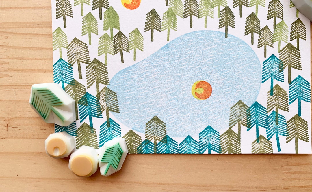 Forest Rubber Stamp Set, Lake Tree & Moon Stamps, Hand Carved Stamp ...