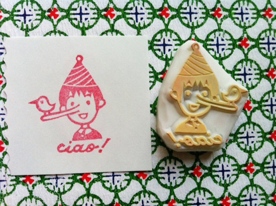 Pinocchio Says Ciao Rubber Stamp, Happy Mail Stamp, Hand Carved Stamp ...
