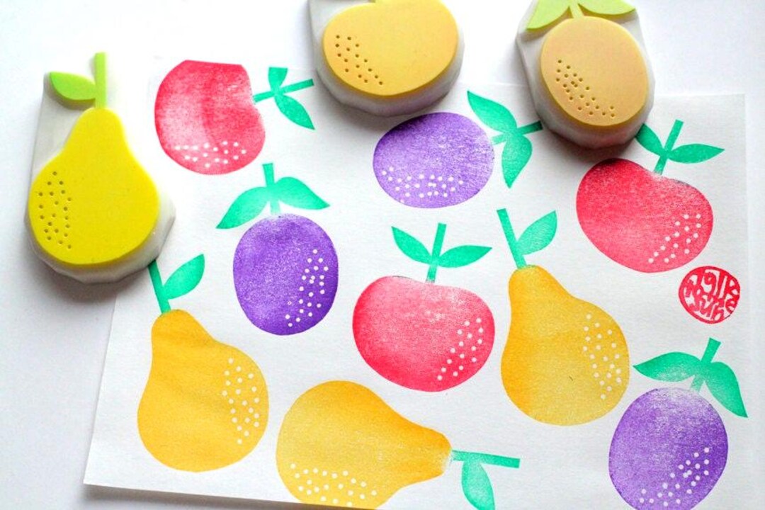 Fruit Rubber Stamp, Apple Pear & Prune, Hand Carved Stamp for Card ...