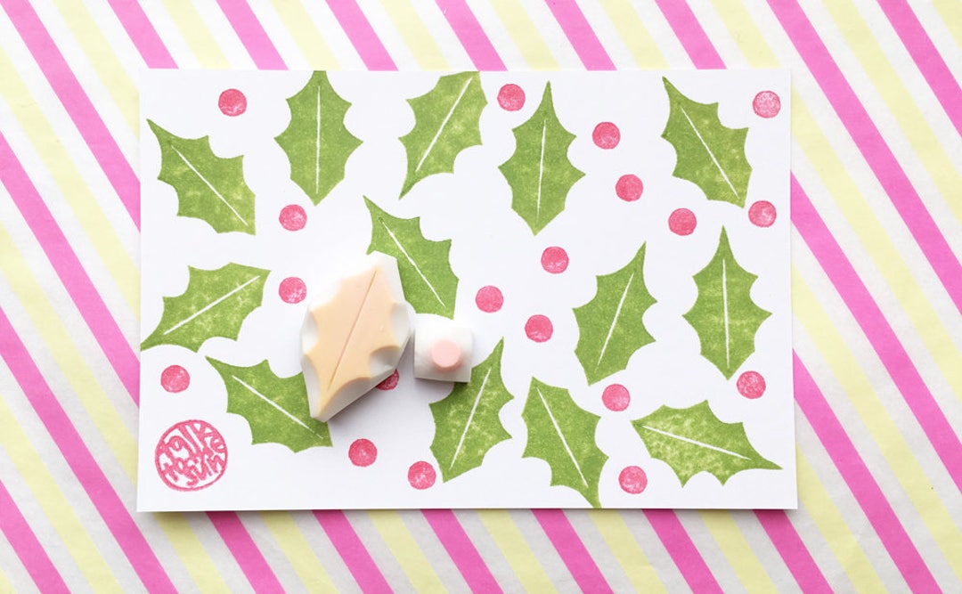 Christmas Holly Rubber Stamp Set | Hand Carved Stamps | Leaf & Berry ...