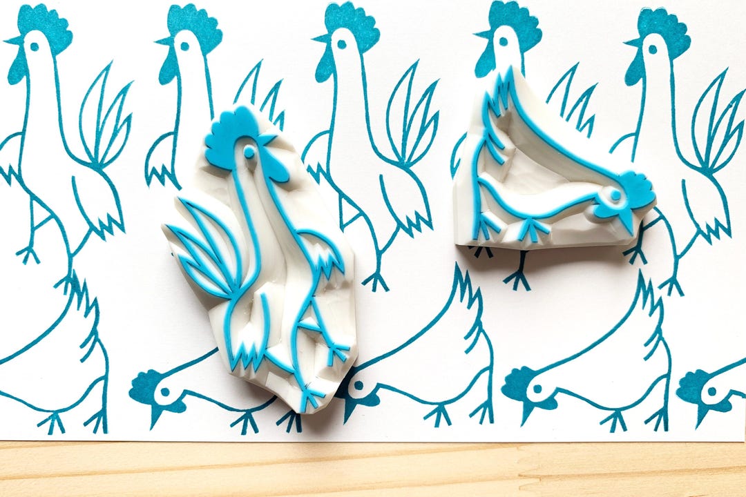 Chicken Rubber Stamp Set: Hand Carved Stamps, Rooster & Hen Designs - Etsy