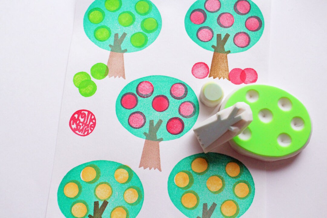 Fruit Tree Rubber Stamp Set, Tree Trunk Leaf & Circle Stamps, Hand ...