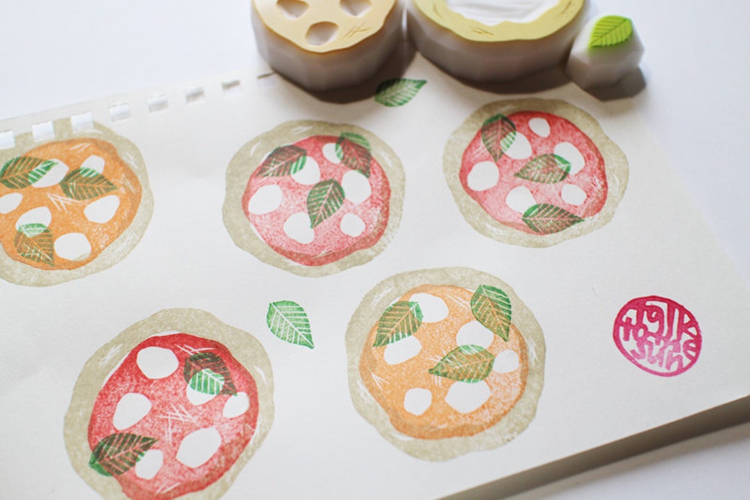 Pizza Rubber Stamp, Dough Sauce & Basil Stamps, Hand Carved Stamps by ...
