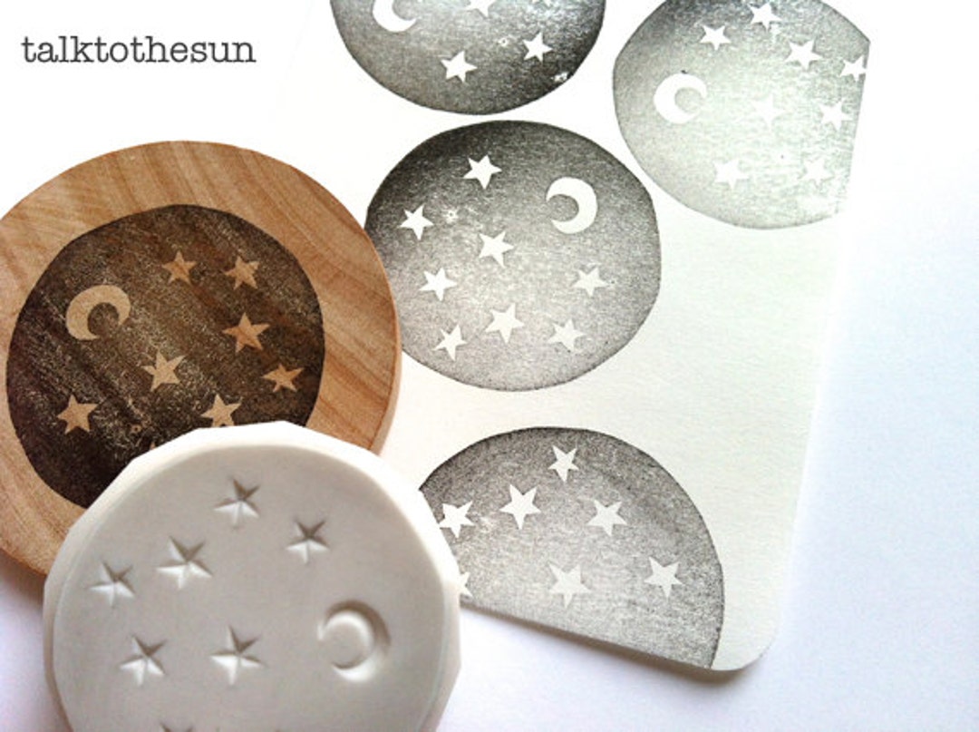 Night Sky Rubber Stamp, Crescent Moon & Star Stamp, Hand Carved Stamp ...