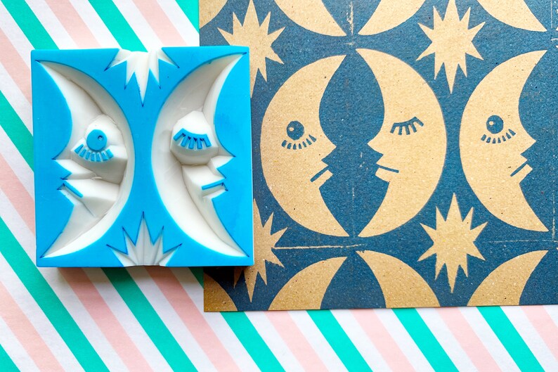 Crescent Moon Tile Rubber Stamp Twin Moon & Star Stamp Hand | Etsy