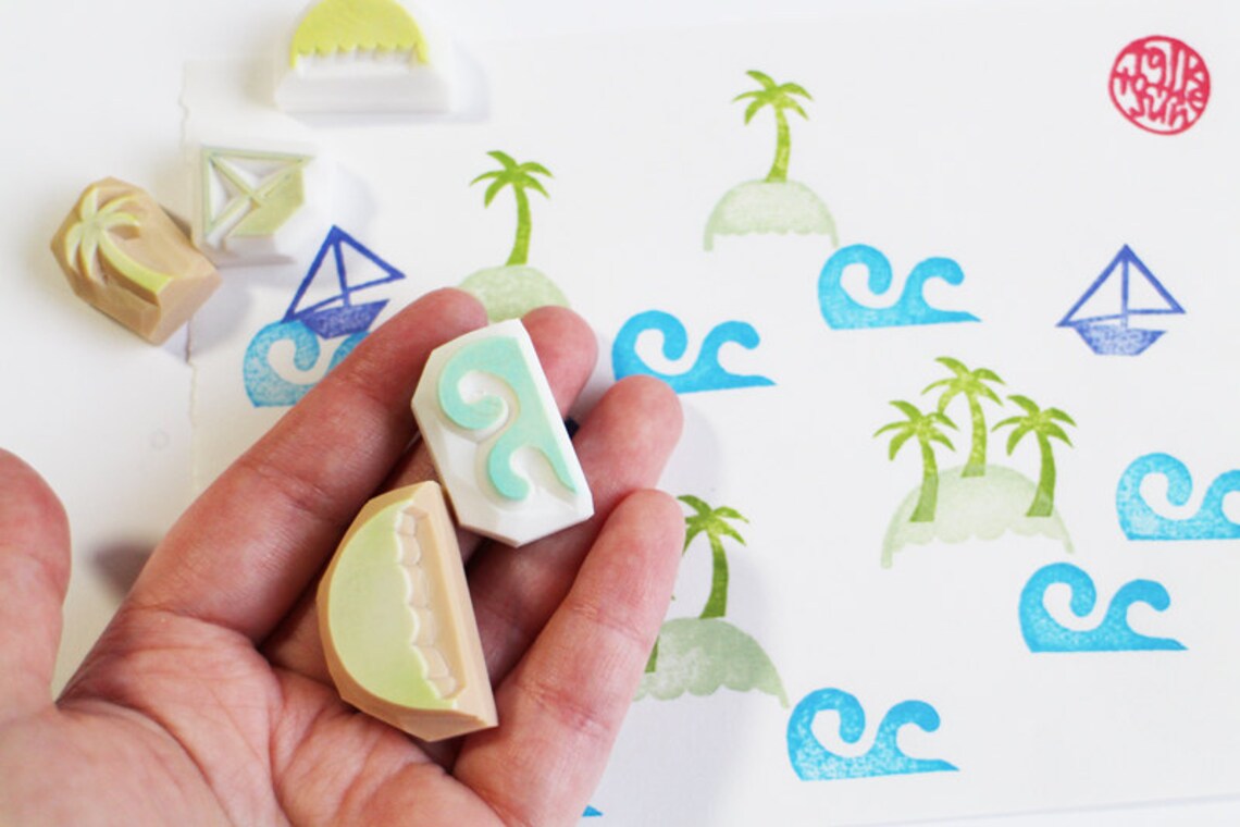 Summer Island Rubber Stamp Set Palm Tree Boat & Wave Stamps - Etsy