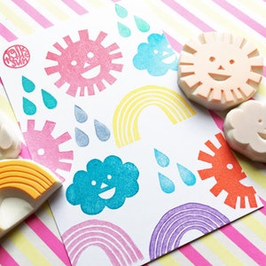 Weather Rubber Stamps Smiley Sun Cloud Rainbow & Rain Drop - Etsy