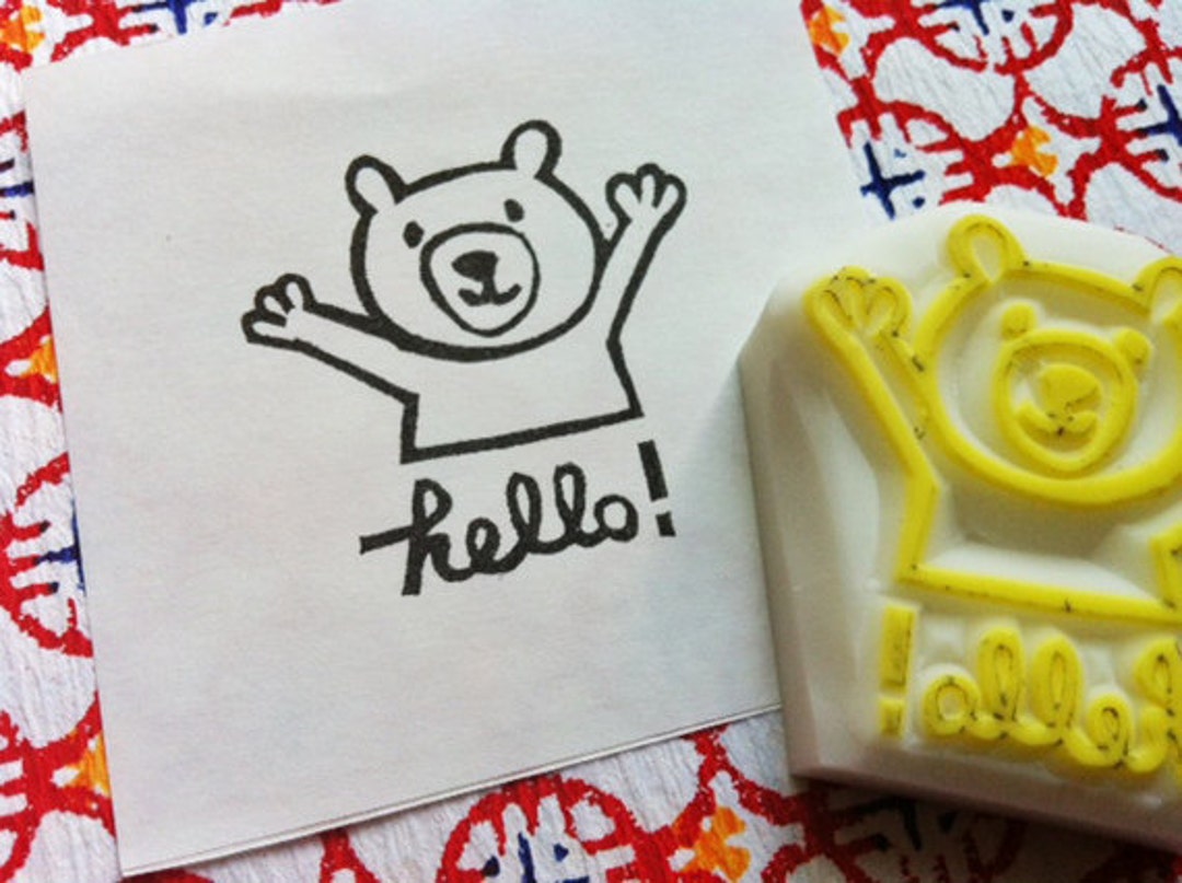 Teddy Bear Rubber Stamp, Hello Stamp, Hand Carved Stamp, Best Friend ...