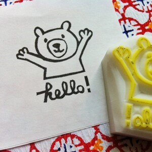 Teddy Bear Rubber Stamp, Hello Stamp, Hand Carved Stamp, Best Friend ...