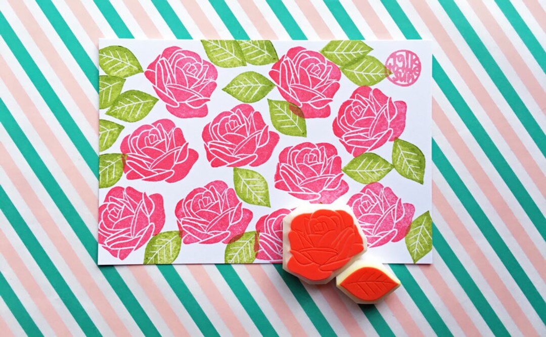 Rose Rubber Stamp, Flower& Leaf Stamps, Hand Carved Stamps for ...
