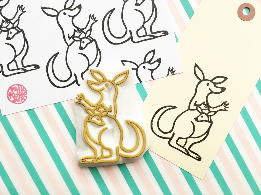 Kangaroo & Joey Rubber Stamp: Hand Carved Stamp, Australian Animal ...