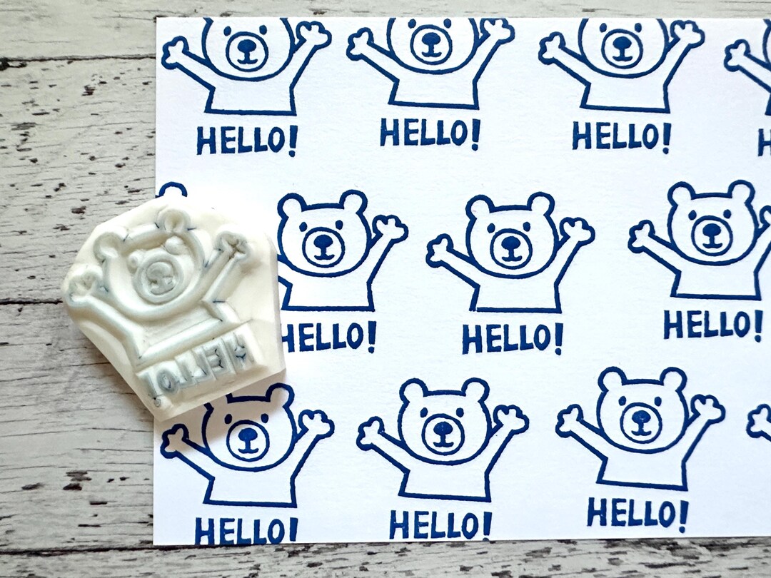 Teddy Bear Rubber Stamp, Hello Stamp, Hand Carved Stamp, Craft Gift for ...