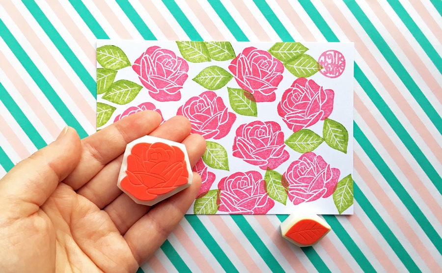Rose Rubber Stamp Flower & Leaf Stamps Hand Carved Stamps - Etsy