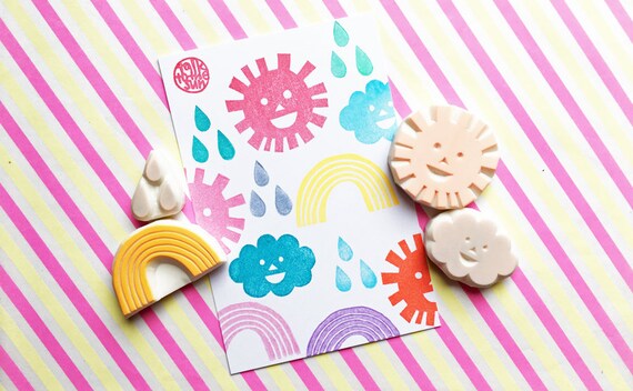 Weather Rubber Stamps Smiley Sun Cloud Rainbow & Rain Drop - Etsy