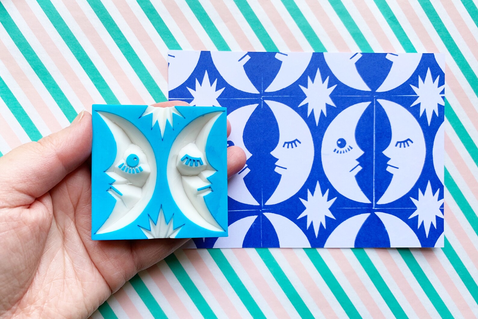 Crescent Moon Tile Rubber Stamp Twin Moon & Star Stamp Hand | Etsy