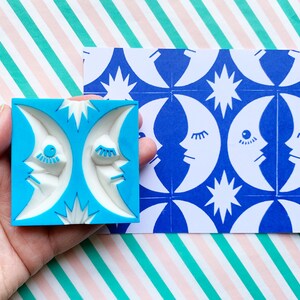 Crescent Moon Tile Rubber Stamp, Twin Moon & Star Stamp, Hand Carved ...