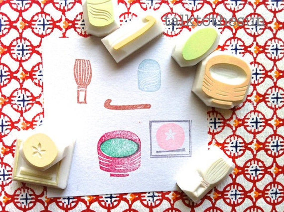 Japanese Tea Ceremony Rubber Stamp Set, Matcha Green Tea & Sweets, Hand ...