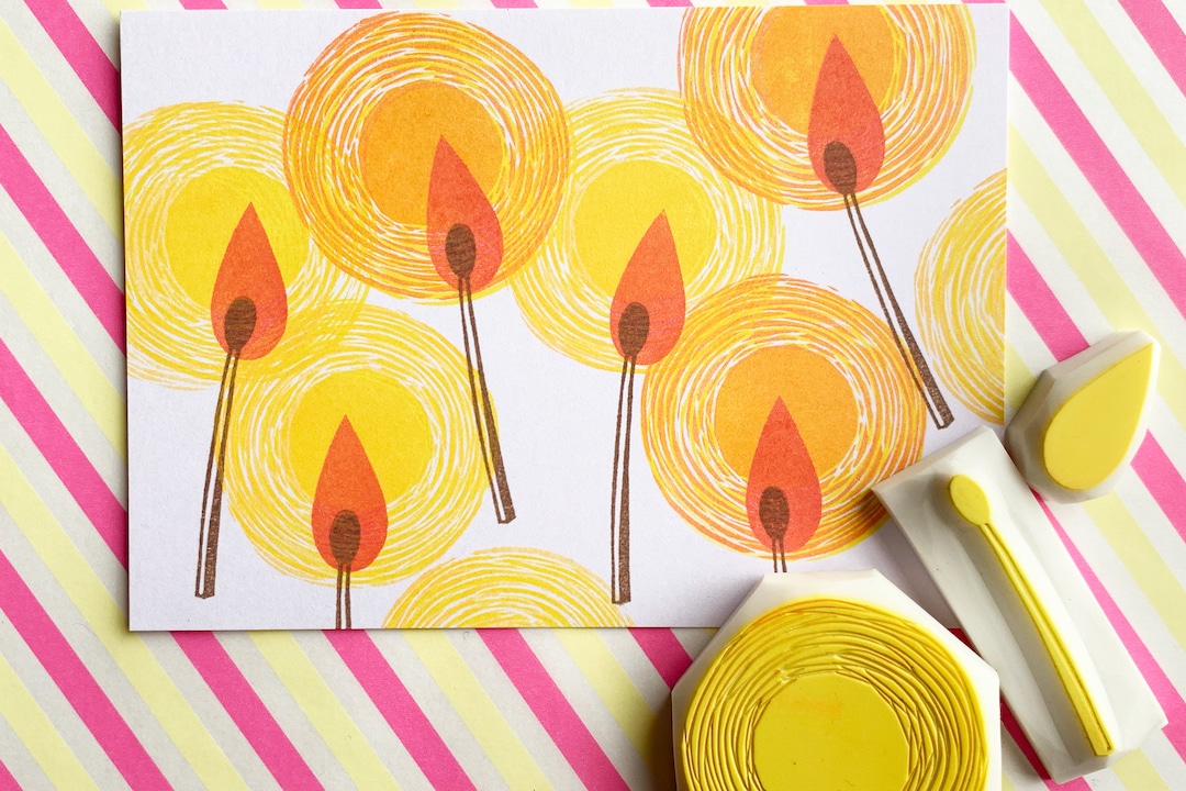 Match Rubber Stamp Set, Flame Light & Match Stick Stamps, Hand Carved ...