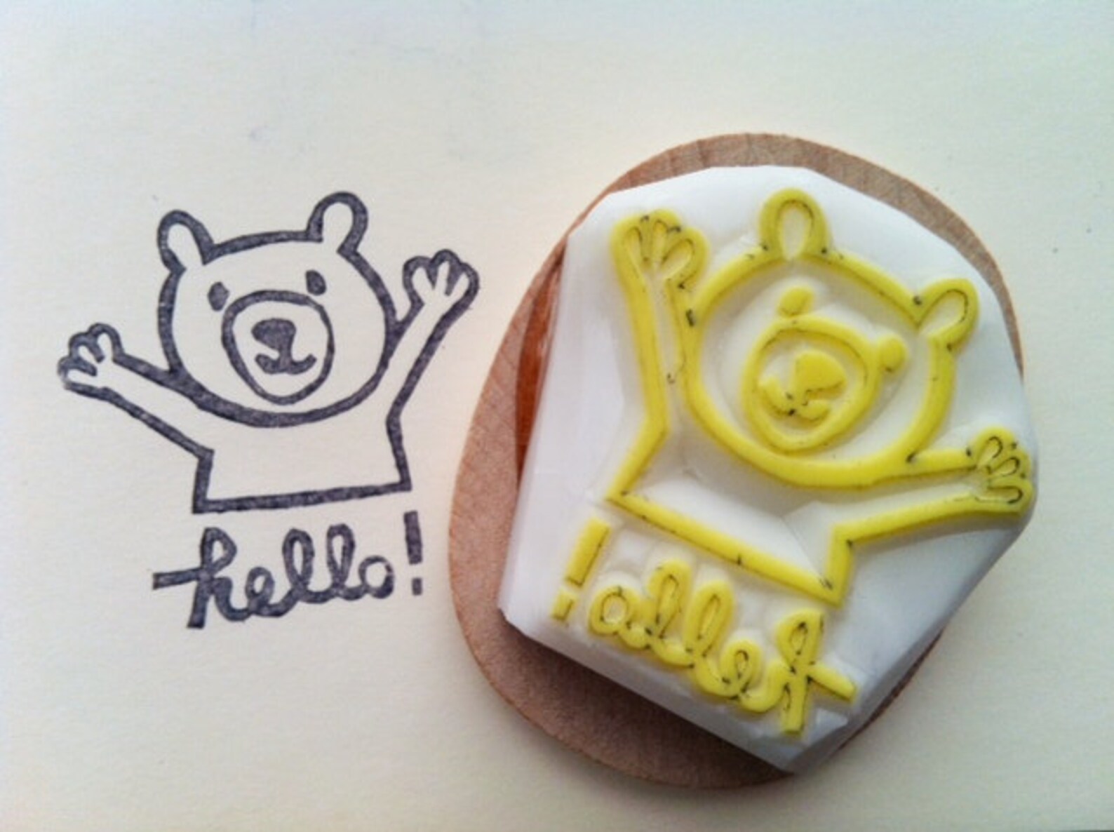 Teddy bear rubber stamp hello stamp hand carved stamp | Etsy