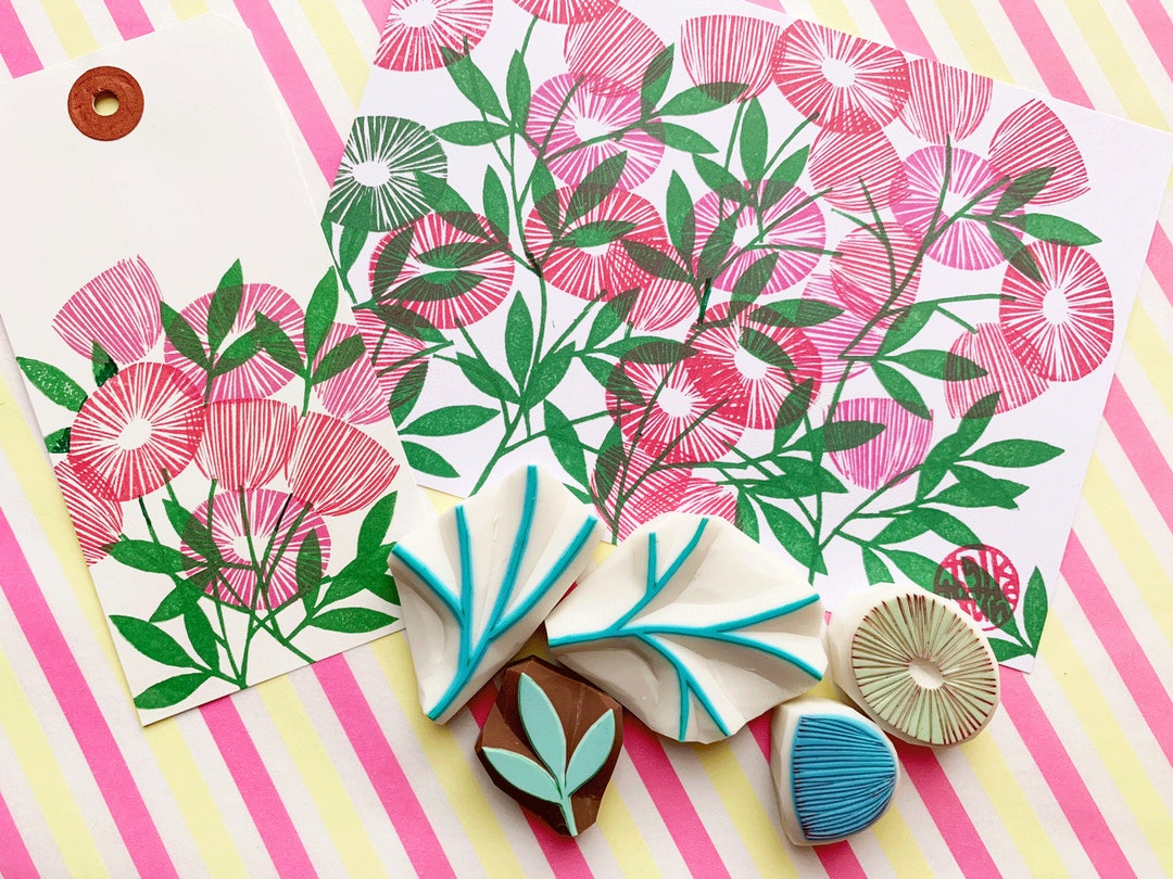Botanical Rubber Stamp Set, Flower & Leaf Stamps, Hand Carved Stamps ...