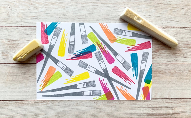 Art Rubber Stamp Set: Hand Carved Stamps, Paint Brush & Paint Splash ...