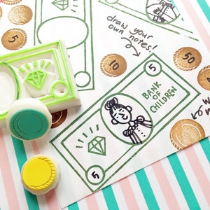 Play Money Rubber Stamp Set, Bank Note & Coin, Hand Carved Stamps by ...