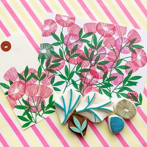 Botanical Rubber Stamp Set, Flower & Leaf Stamps, Hand Carved Stamps ...