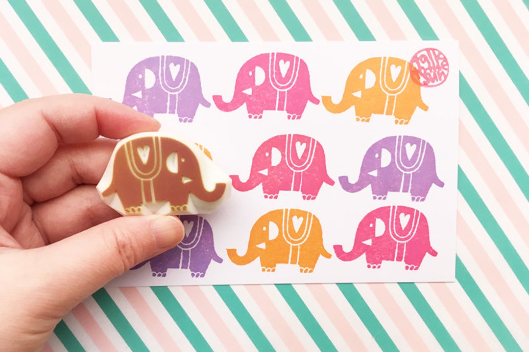 Elephant Rubber Stamp: Hand Carved Stamp, Circus Animal Design, Style ...