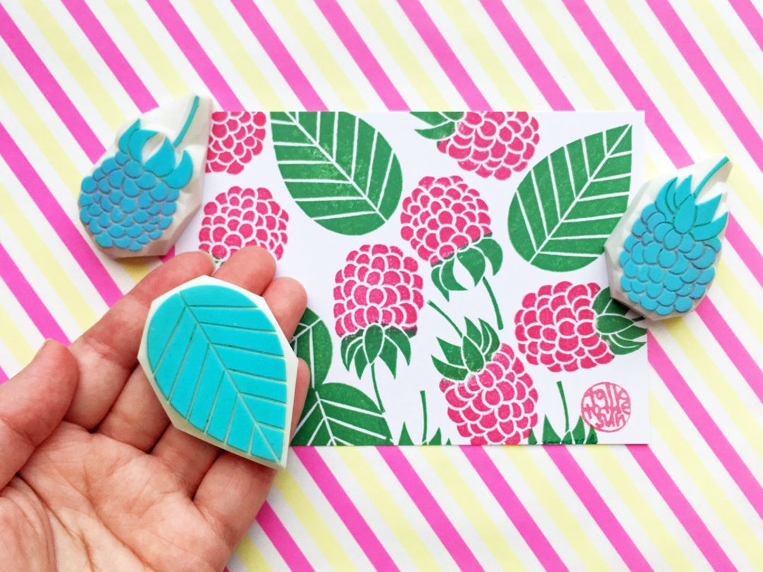 Raspberry Rubber Stamp Set, Wild Berry & Leaf Stamps, Hand Carved ...