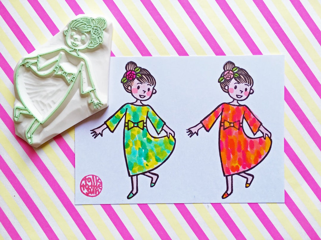 Girl Wearing Dress Rubber Stamp | Hand Carved Stamp | Style No.5 - Etsy