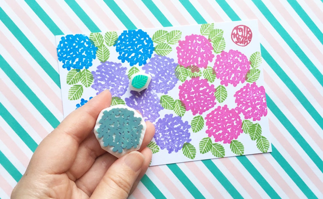 Hydrangea Rubber Stamp Set, Flower & Leaf Stamps, Hand Carved Stamps by ...