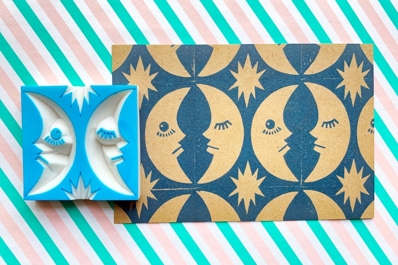 Crescent Moon Tile Rubber Stamp Twin Moon & Star Stamp Hand | Etsy