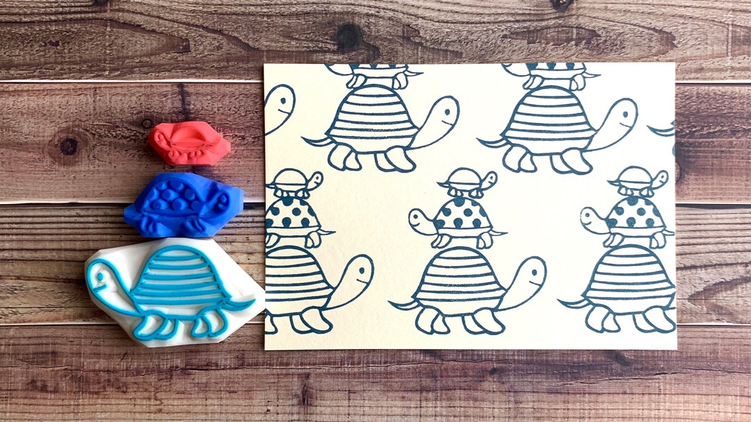 Turtle Rubber Stamp Set, Happy Animal Stamp, Hand Carved Stamps by ...