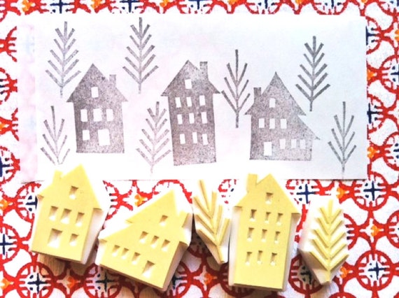 Winter Street Rubber Stamp Set House & Tree Stamps Hand | Etsy