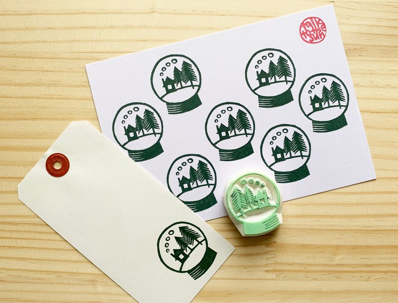 Snow Globe Rubber Stamp Woodland Cottage Stamp Hand Carved - Etsy