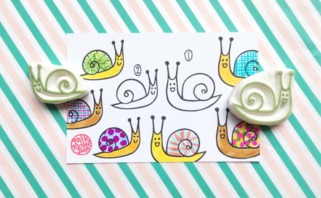 Smiley Snail Rubber Stamp, Cute Animal Stamp, Hand Carved Stamp, Craft ...