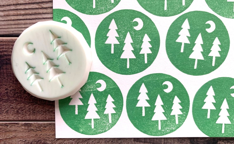 Forest Rubber Stamp Fir Tree & Crescent Moon Stamp Hand - Etsy