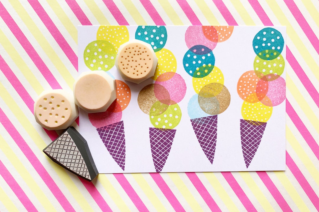 Ice Cream Cone Rubber Stamp Set: Hand Carved Stamps, Summer Design - Etsy