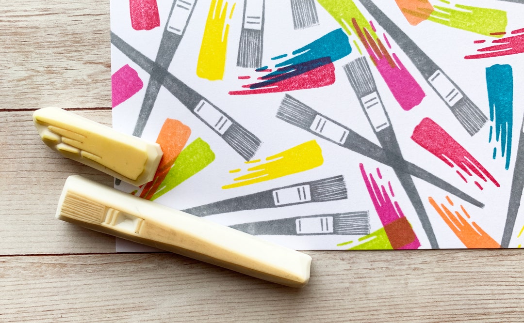 Art Rubber Stamp Set, Paint Brush & Ink Splash Stamps, Hand Carved ...