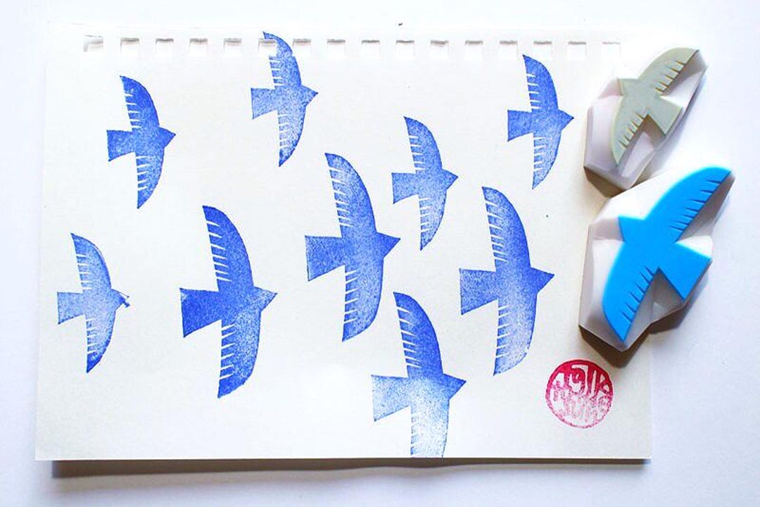 Flying Bird Rubber Stamp Set: Hand Carved Stamps, Woodland Animal ...